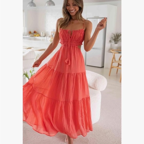Amazon | Dresses | Amazon Watermelon Red Ruffled Tiered Maxi Sundress ...